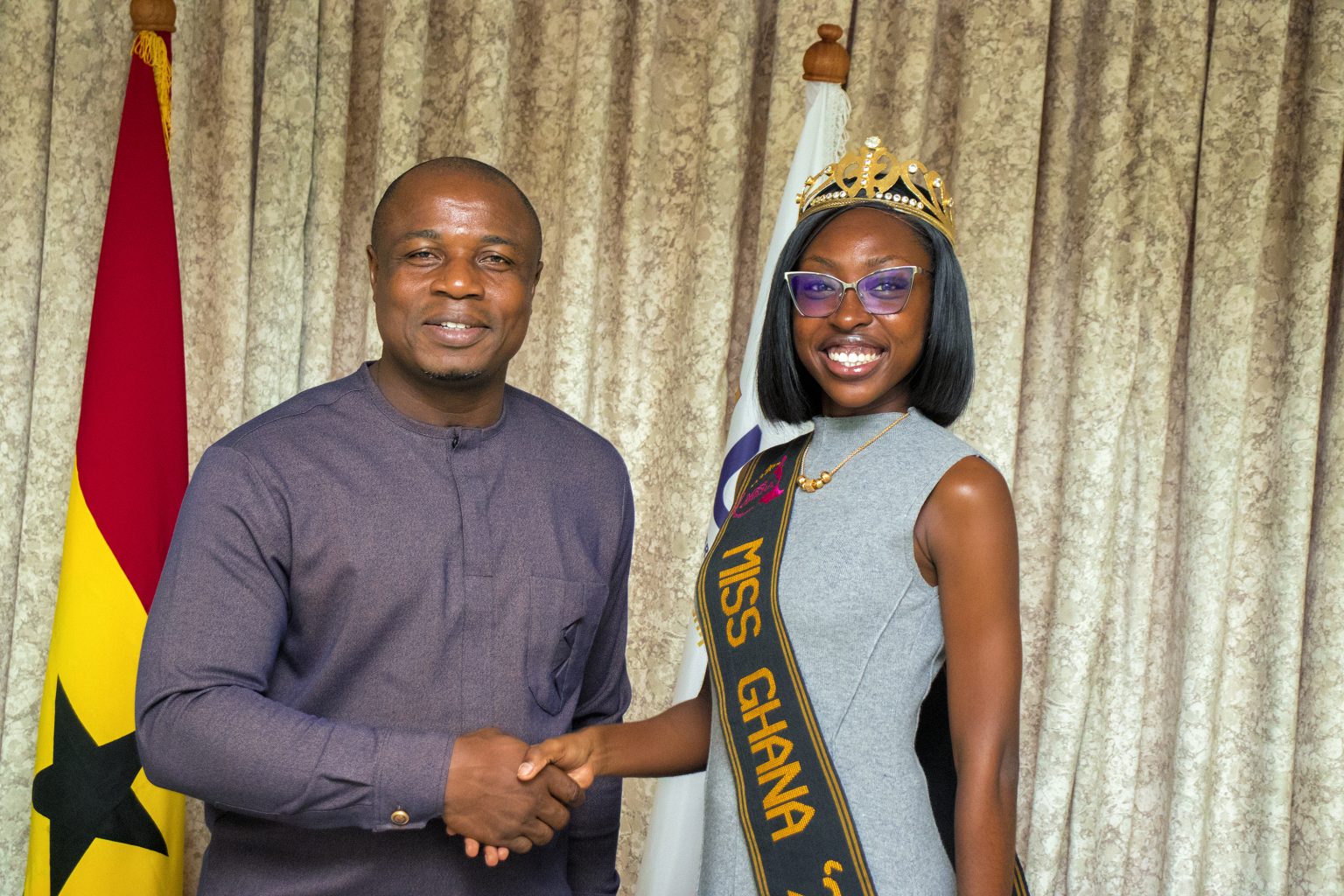 Miss Ghana 2025, Jutta Addo, a UPSA student, confers with Vice Chancellor